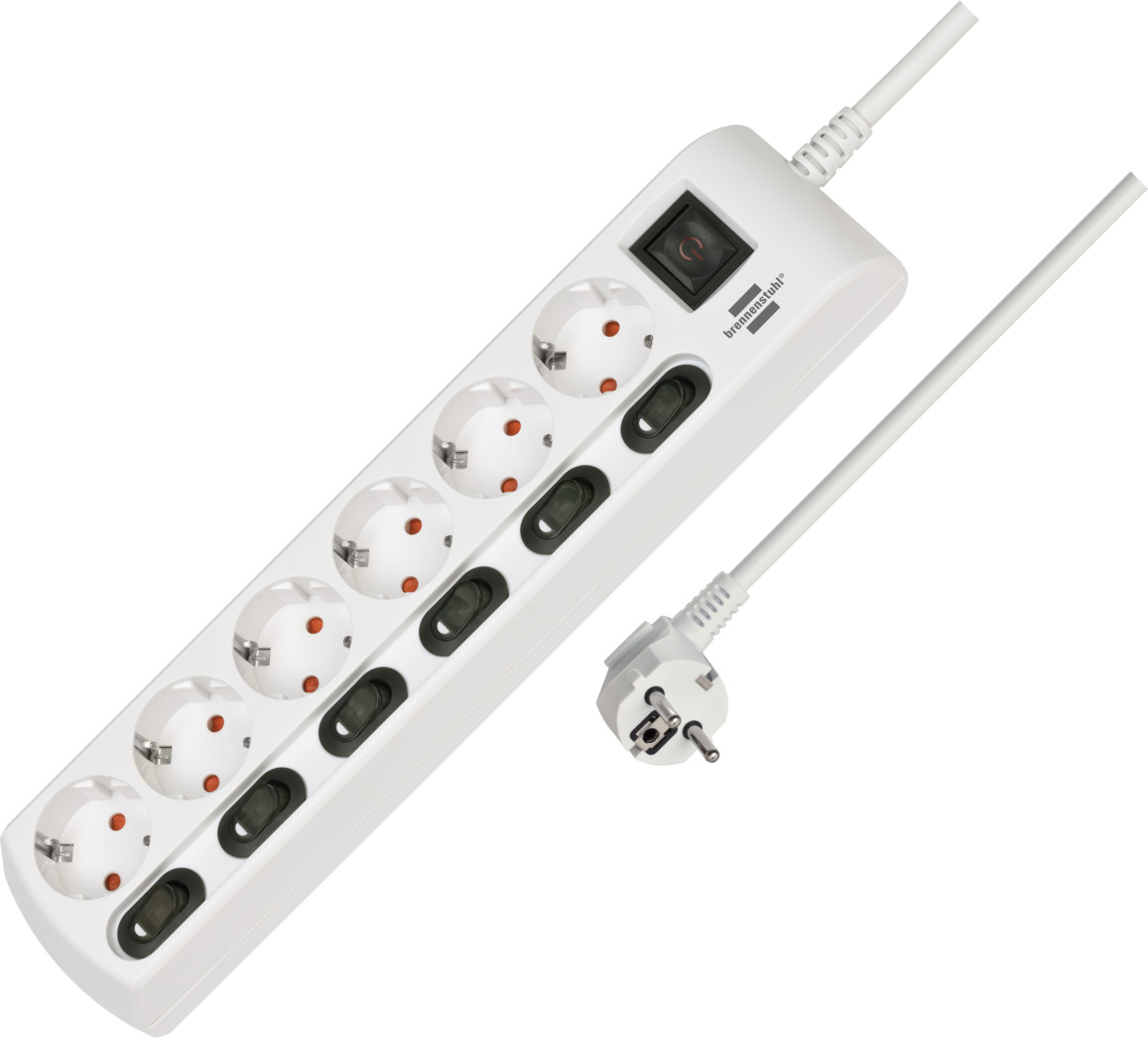 Extension lead individually switchable 6-way 2m H05VV-F 3G1.5 white ...
