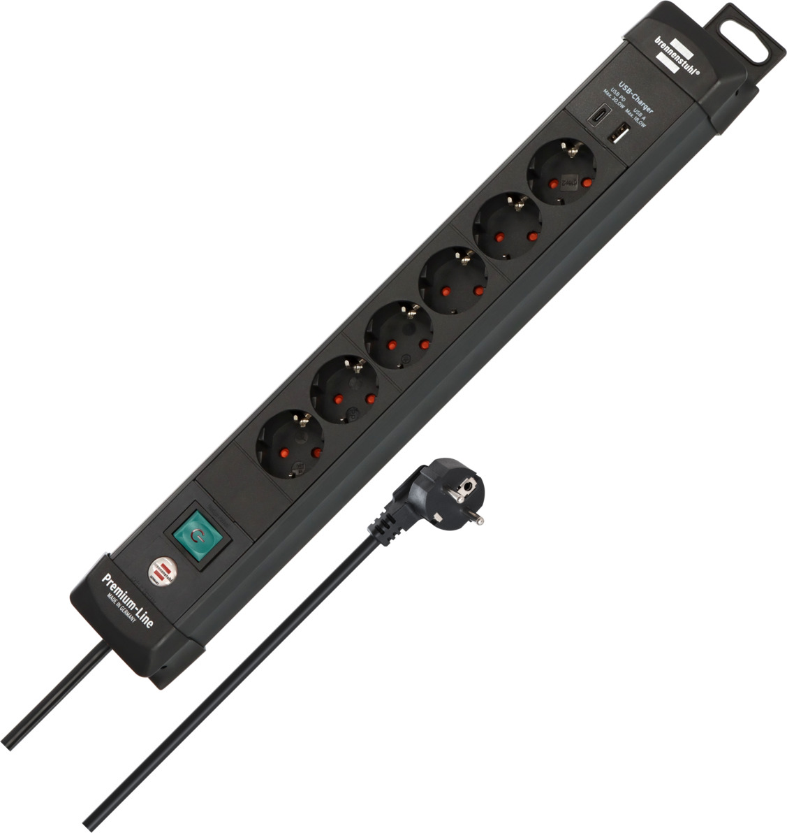 Premium-Line extension lead 6-way with USB C PD 30W and USB A 18W black ...